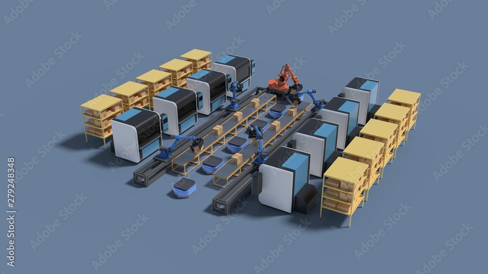 Factory Automation with Automated Guided Vehicle and robotic arm,3D ...