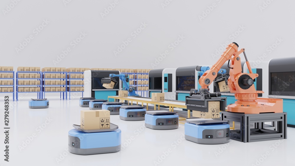 Factory Automation with Automated Guided Vehicle and robotic arm,3D ...