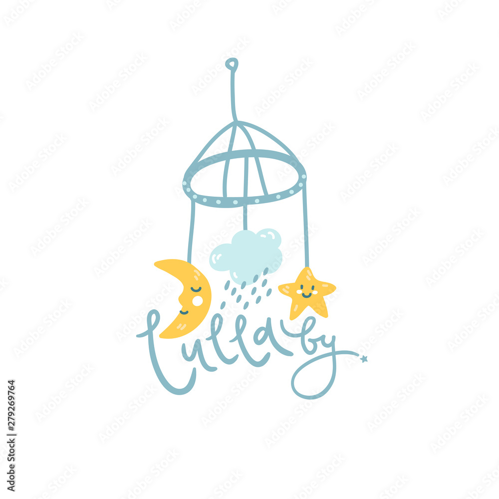 Baby mobile, cute illustration for logo. Lullaby hand lettering. Stock ...