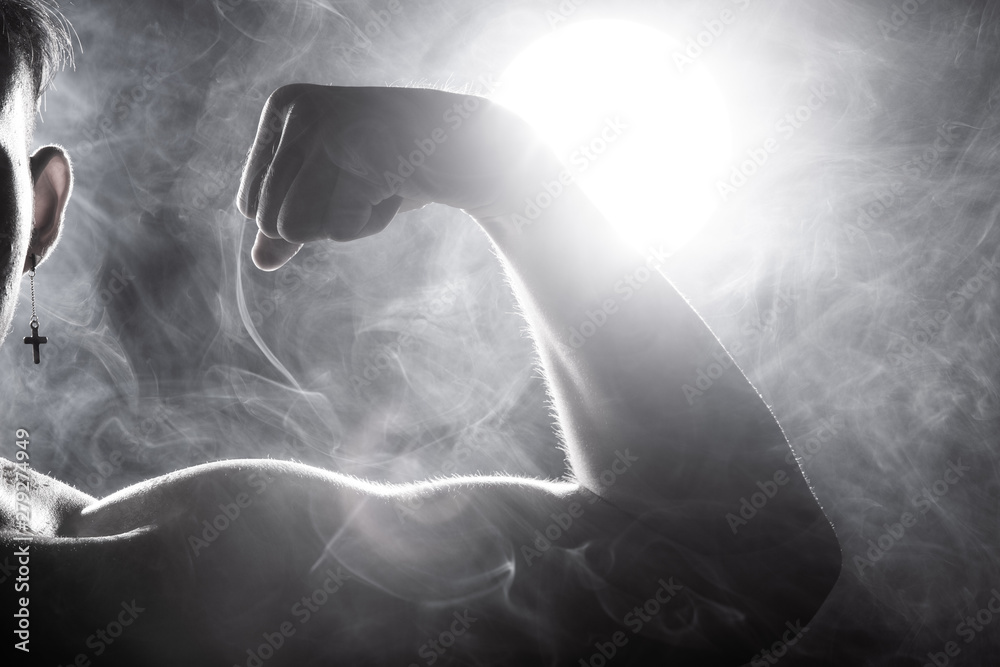 Asian Big Muscle Fitness Man exercise show arms, bicep, chest with ...