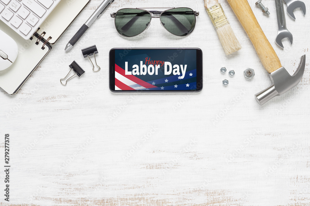 Table top view of labor day abstract background concept. Flat lay ...