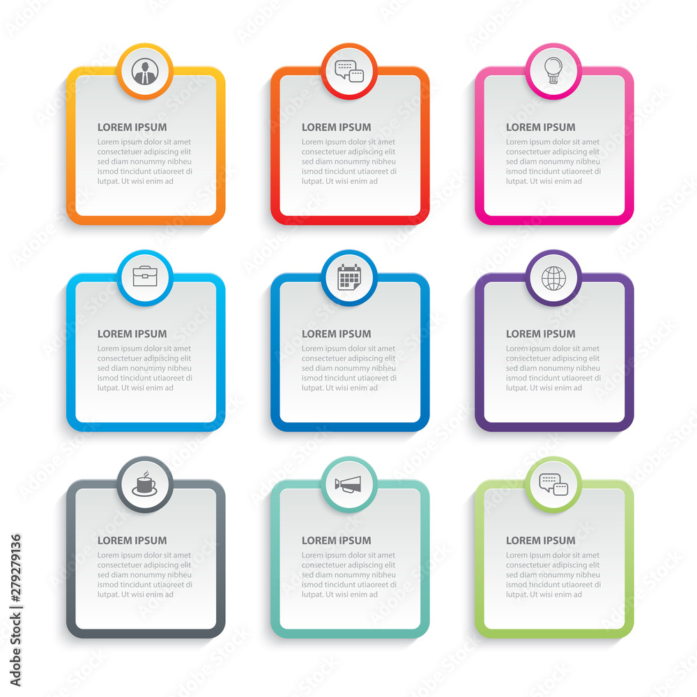Infographics rectangle paper index with 9 data template. Vector ...