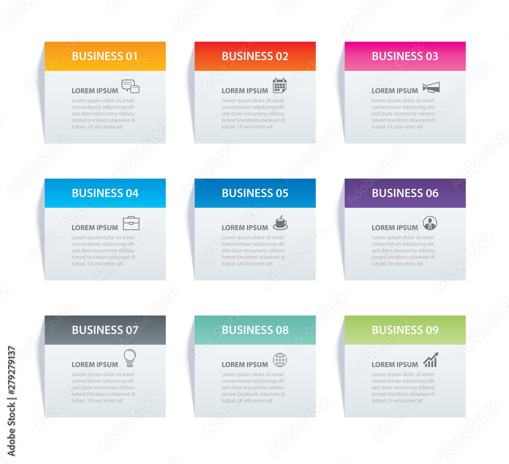 Infographics rectangle paper index with 9 data template. Vector ...