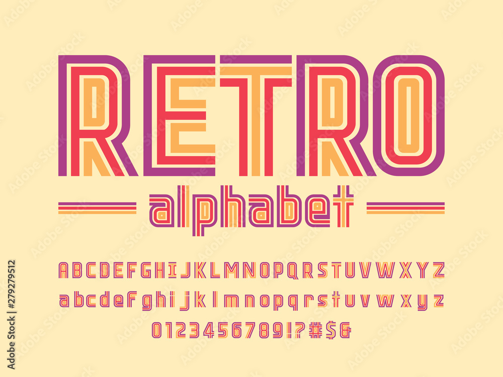 Retro style colorful alphabet design with uppercase, lowercase,numbers ...