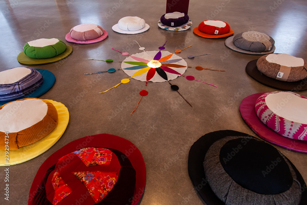 Sacred items form circle in prayer room. A closeup view on the 12 ...