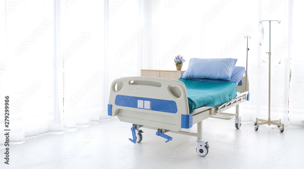 Emtry bed on hospital.blue and white hospital bed on white background ...