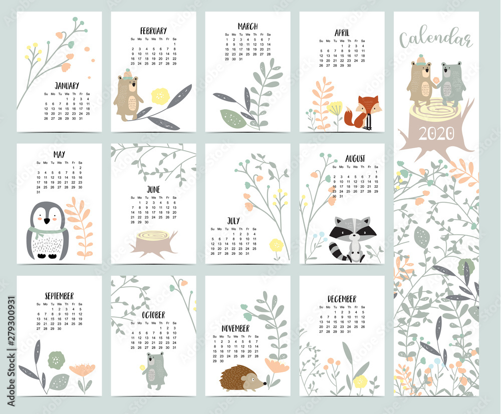 Doodle pastel woodland calendar set 2020 with fox,porcupine,penguin ...