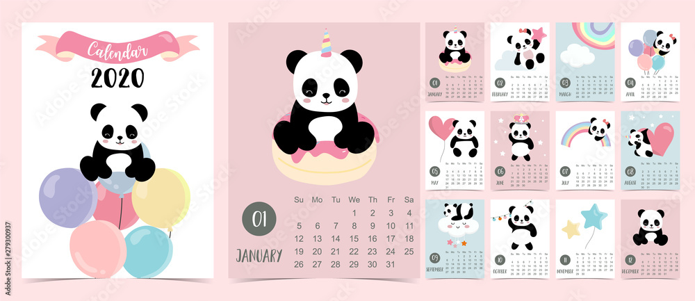 Doodle pastel calendar set 2020 with panda,rainbow,heart,balloon,donut ...