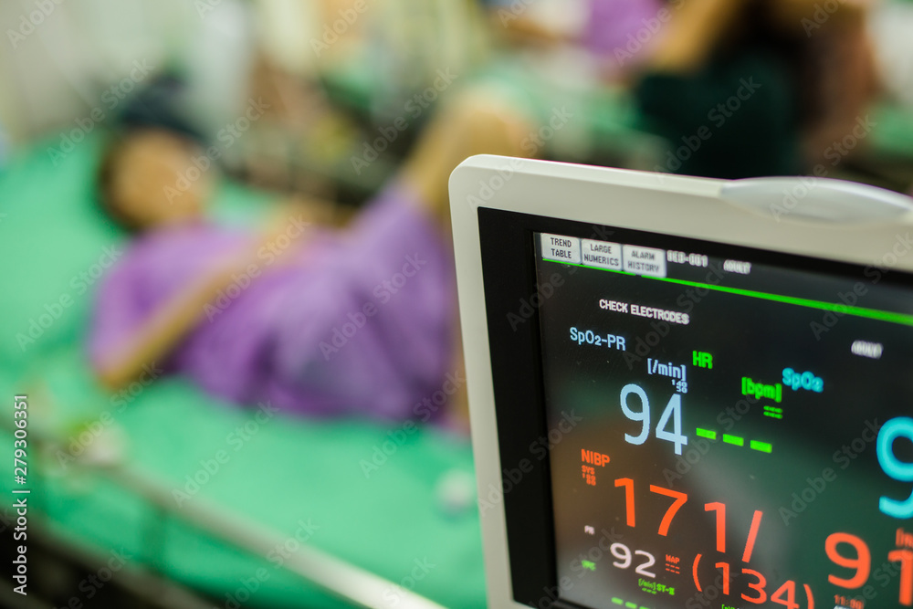Modern vital signs monitor display at ICU in hospital. Stock Photo ...