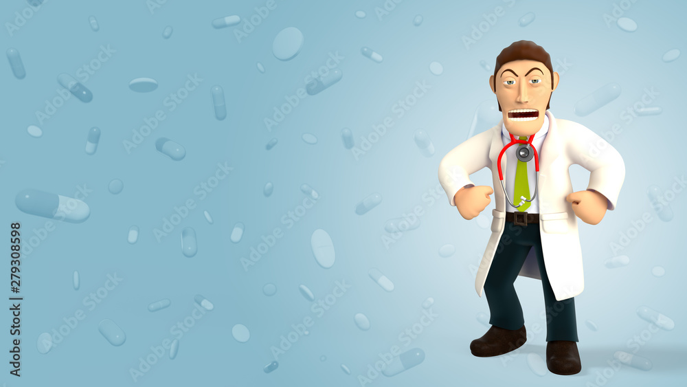 Young angry cartoon 3d doctor screaming and showing his muscles, in ...