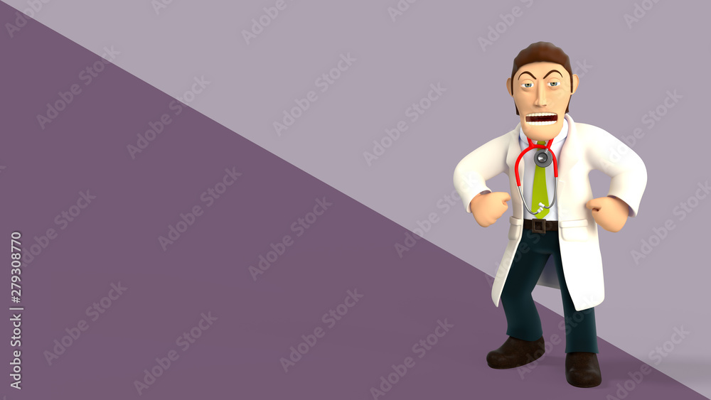 Young angry cartoon 3d doctor screaming and showing his muscles, in ...
