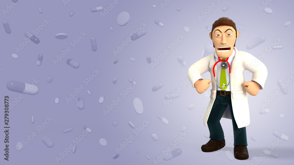 Young angry cartoon 3d doctor screaming and showing his muscles, in ...