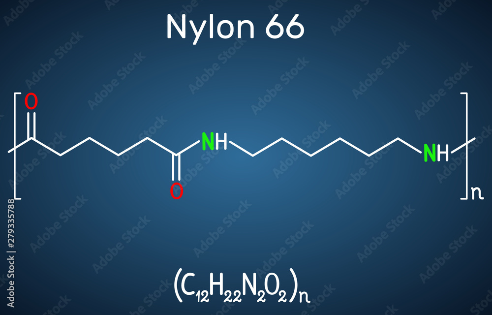 Nylon 66 or nylon molecule. It is plastic polymer. Structural chemical ...