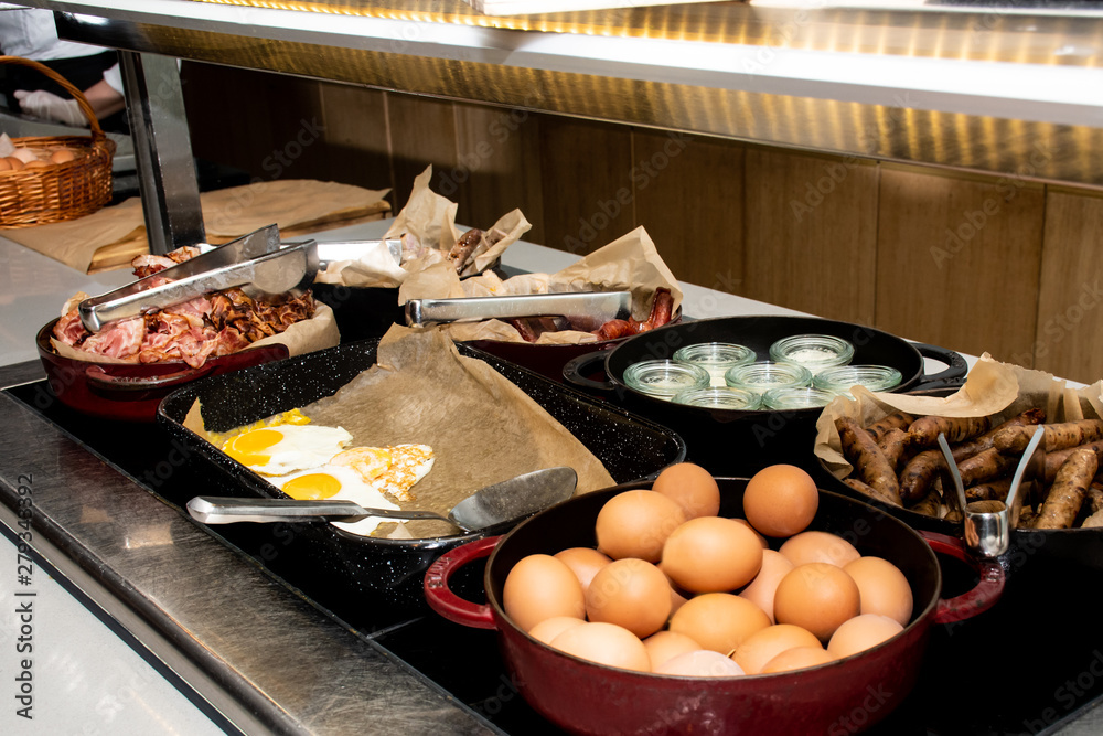 Selection of self service catering continental breakfast buffet display ...
