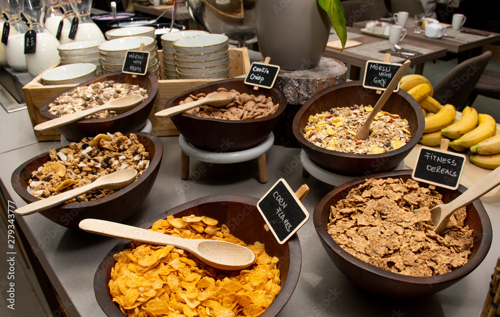 Selection of self service catering continental breakfast buffet display ...