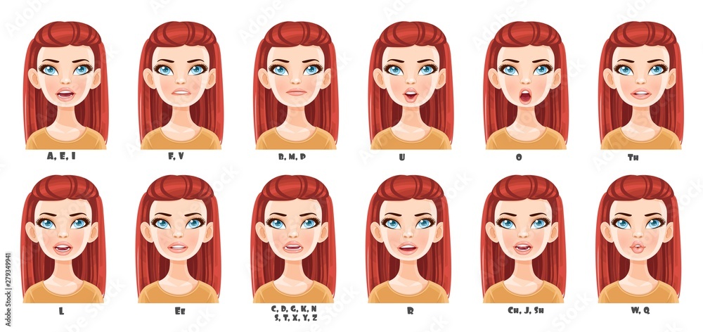 Cute cartoon with long red hair girl talking mouth animation. Female ...