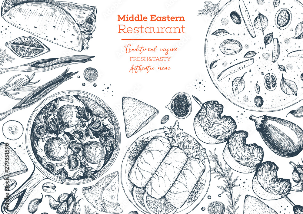 Middle eastern cuisine top view frame. Food menu design with manakeesh ...