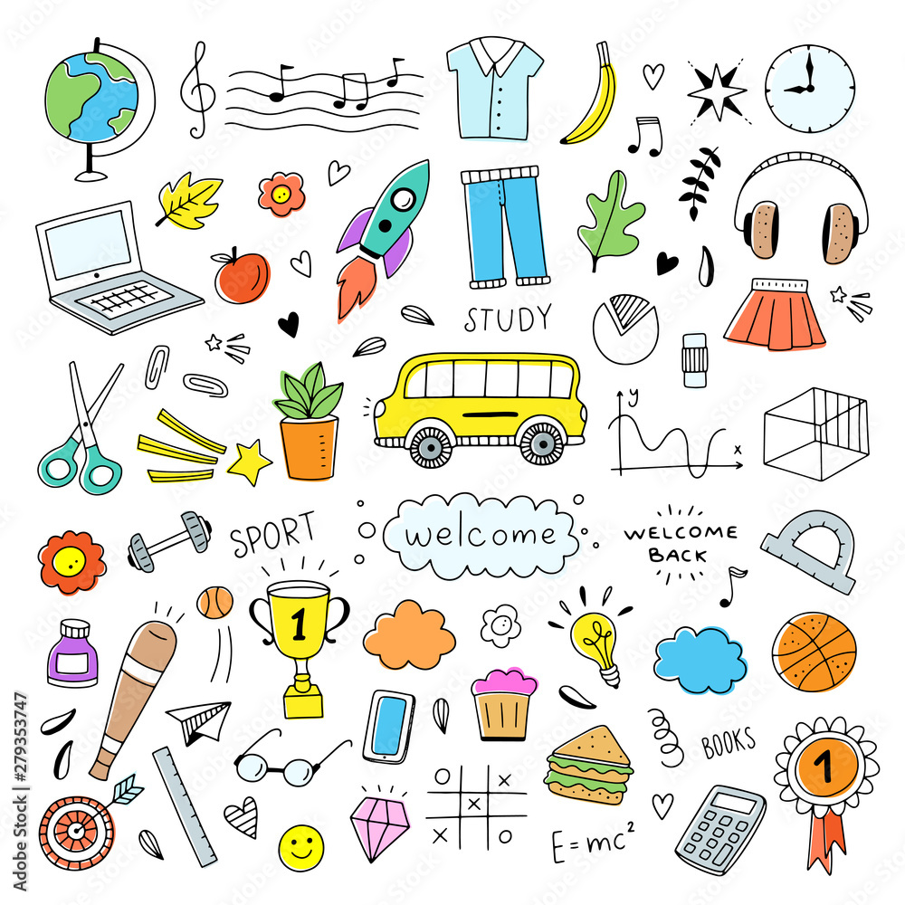 School elements and drawings. Cute vector icons with books, science ...