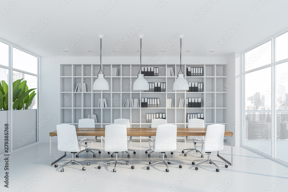 White conference room interior with bookcase Stock Photo | Adobe Stock