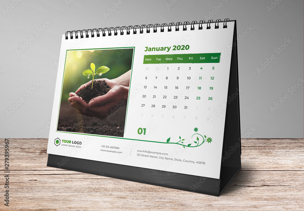 Desk Calendar Layout Set with Green Leaf Elements Stock Template ...