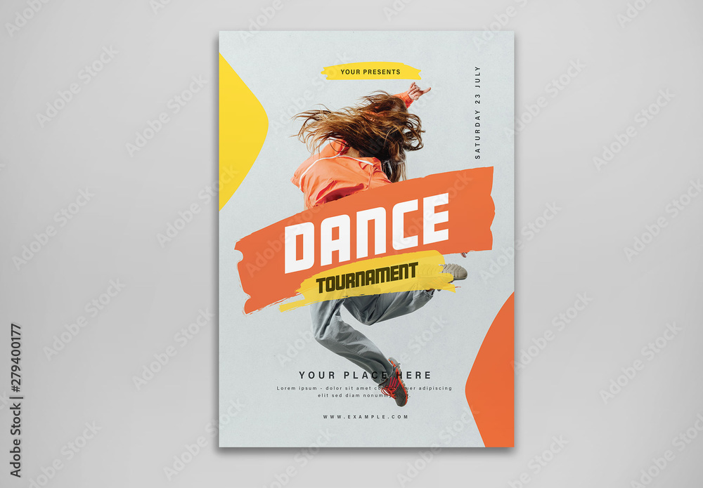 Dance Tournament Flyer Layout with Orange and Yellow Accents Stock ...