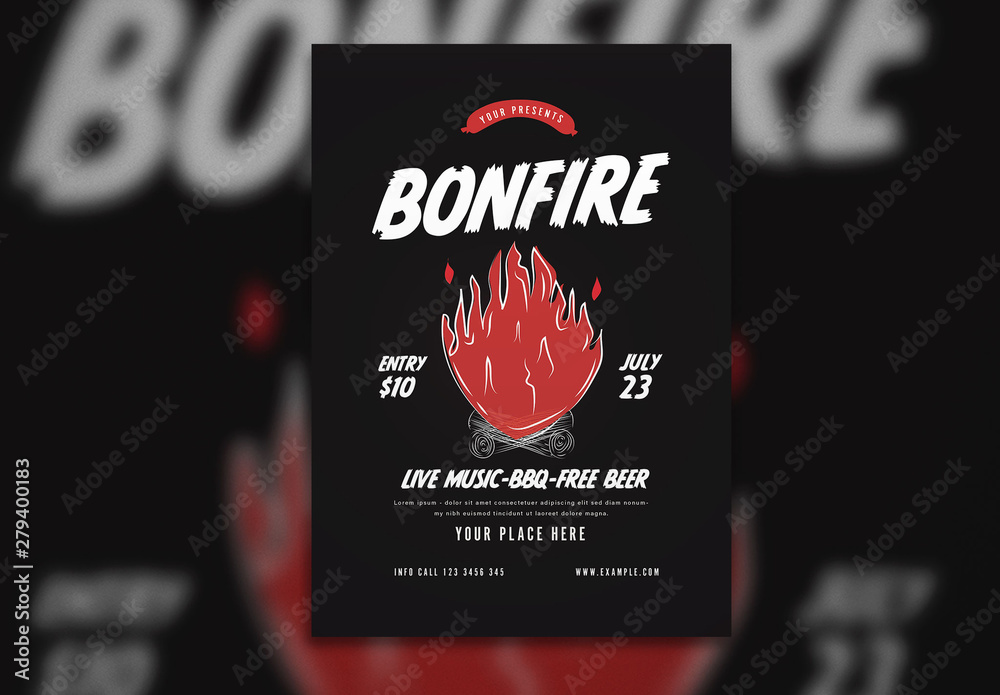 Bonfire Flyer Layout with Illustrated Flame Stock Template | Adobe Stock