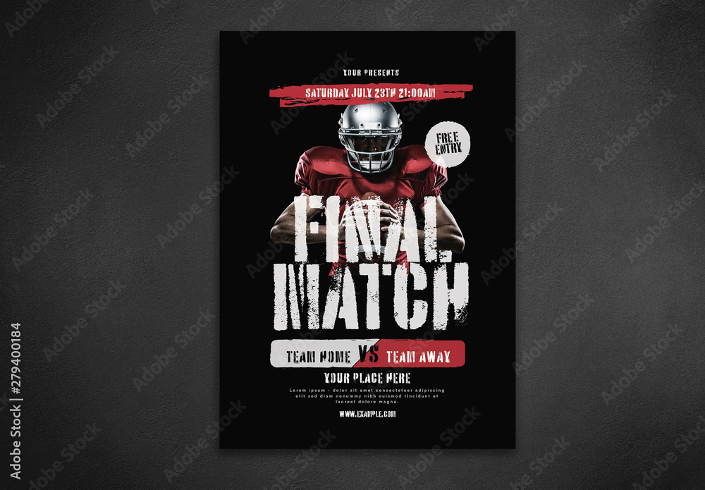 Sports Game Flyer Layout with Red Accents Stock Template | Adobe Stock