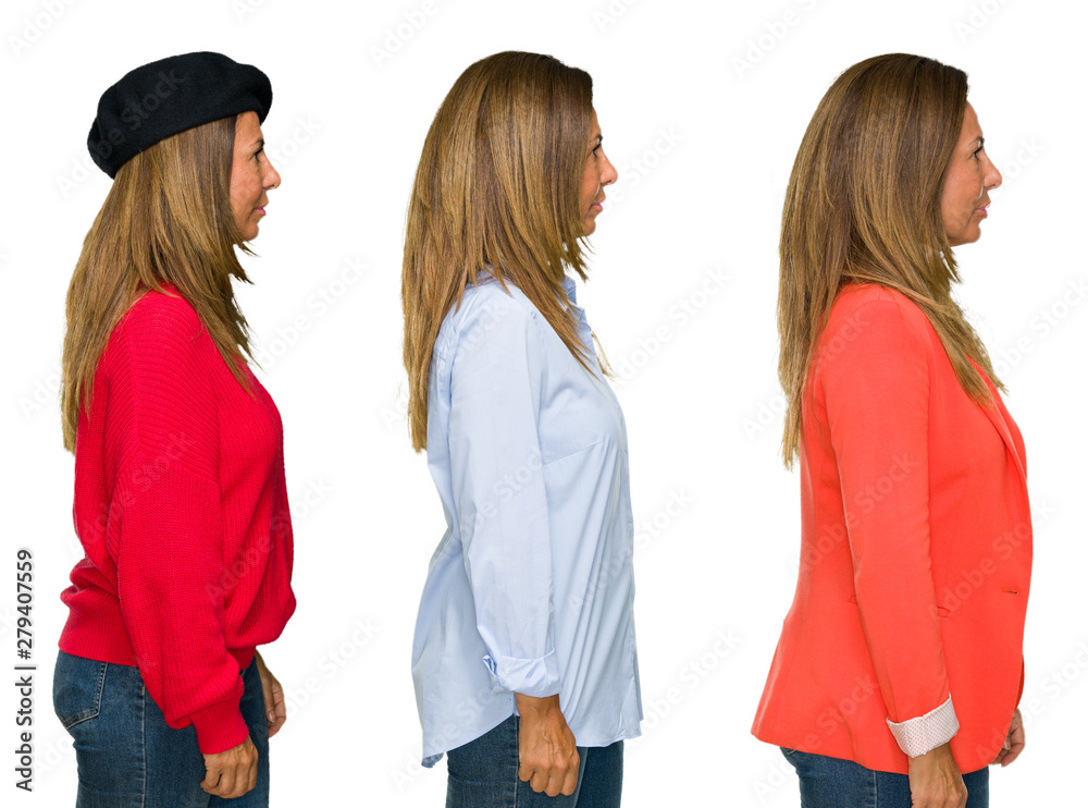Collage of beautiful middle age woman over white isolated background ...