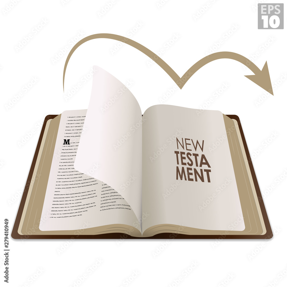 Holy scriptures Bible with flipped page, shows divided books and ...