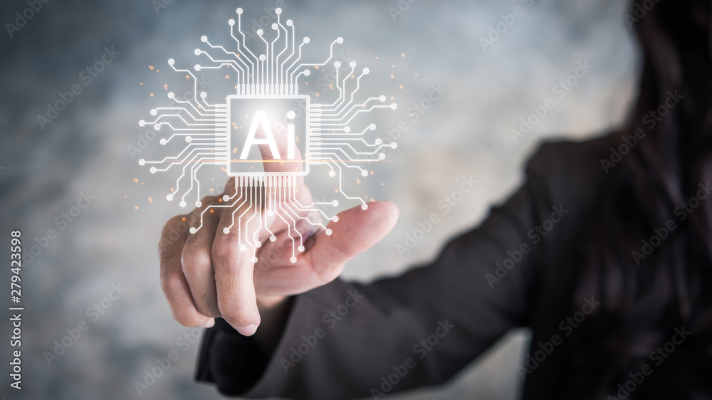 Future technology touch screen interface. Hand businesswoman touching ...