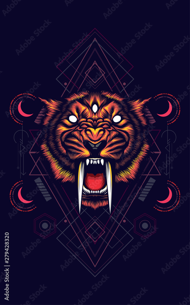 saber tooth tiger head logo illustration with sacred geometry pattern ...