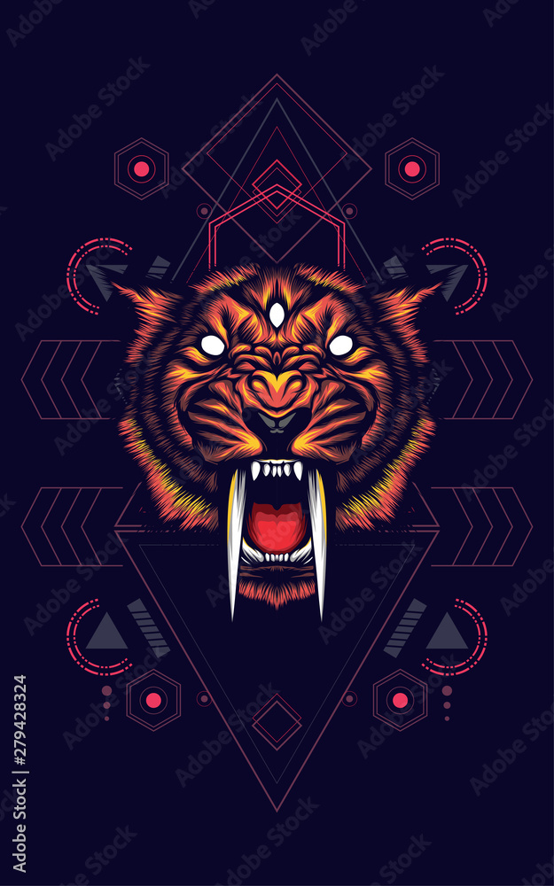 saber tooth tiger head logo illustration with sacred geometry pattern ...