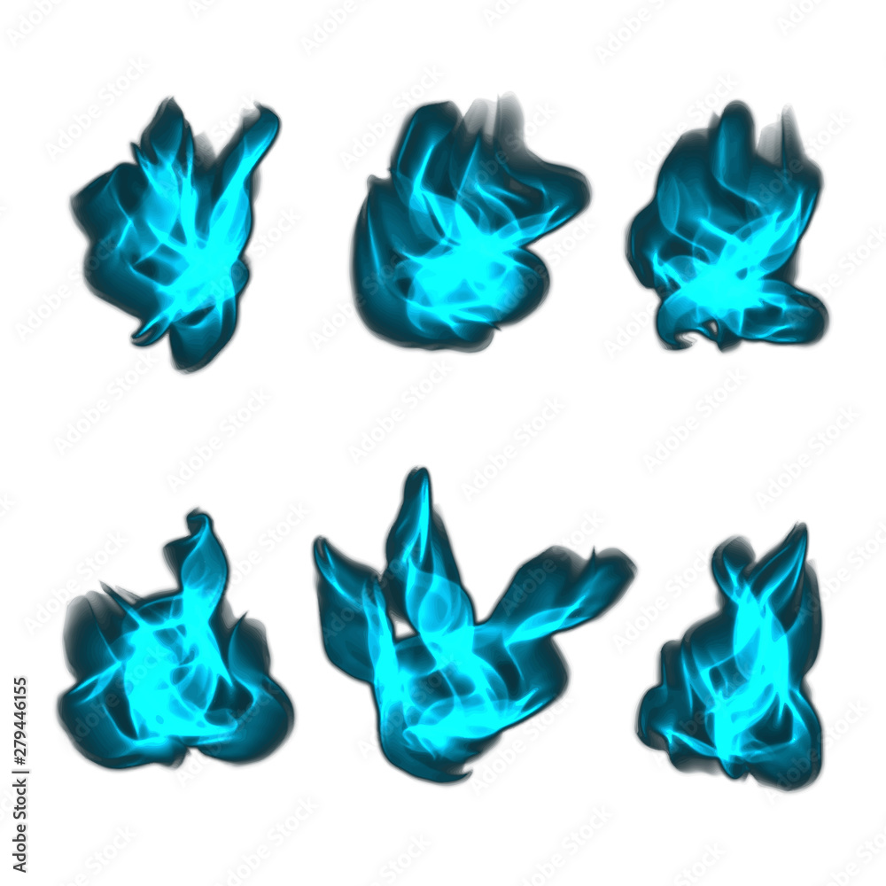 Collection of blue flames or campfires isolated on white background.Gas ...