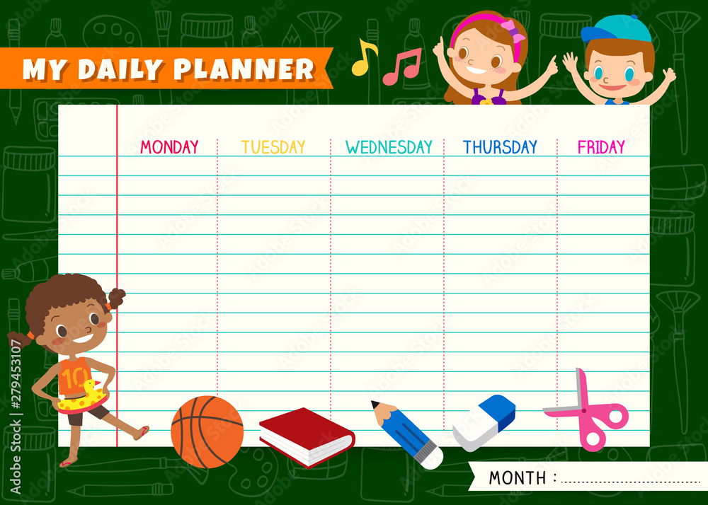 Daily planner with cute kids cartoon characters. A timetable for ...
