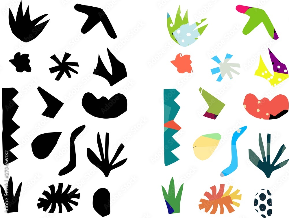 Pieces of cut paper of different shapes in two versions black and color ...