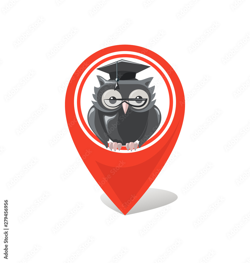 Owl in graduate hat и red location marker. Location sign, marker icon ...