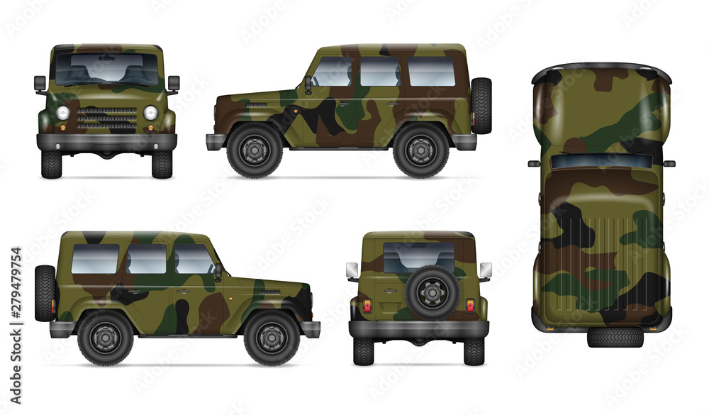 Army truck isolated vector mockup on white background. Military car ...