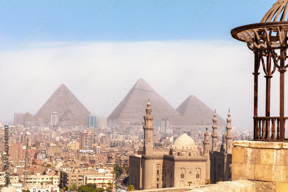 Egypt world known sights, view on the Pyramids of Giza and the Mosque ...