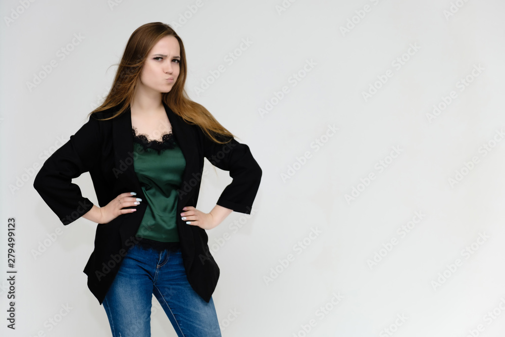 Concept portrait above the knee of a pretty girl, a young woman with ...