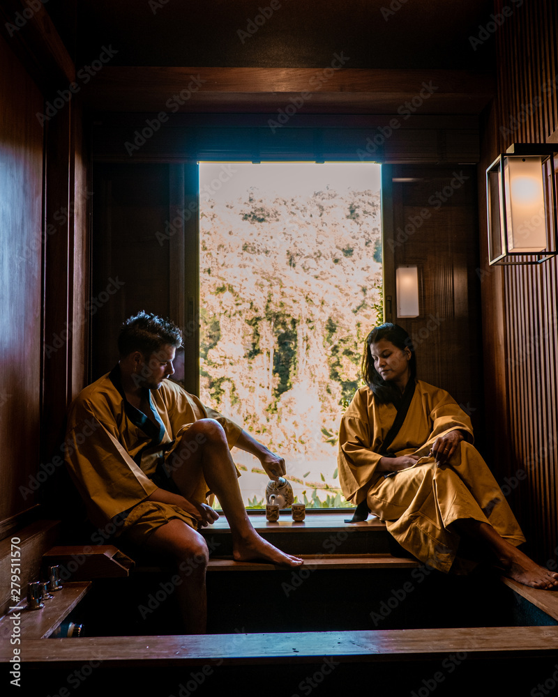 Japanese Onsen Spa Couple Men And Woman Drinking Thee Onsen Spa Japanese Onsen Bath In