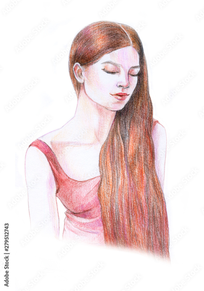 Young beautiful red-haired, long-haired girl in a red dress, drawing ...
