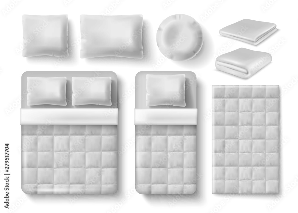Vector white blank bedding set. Bed, pillow, linen and folded and ...