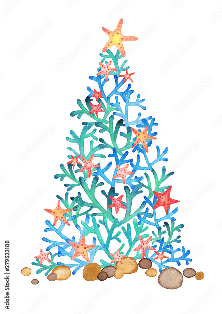 Coral Christmas tree with starfish watercolor hand painting on white ...