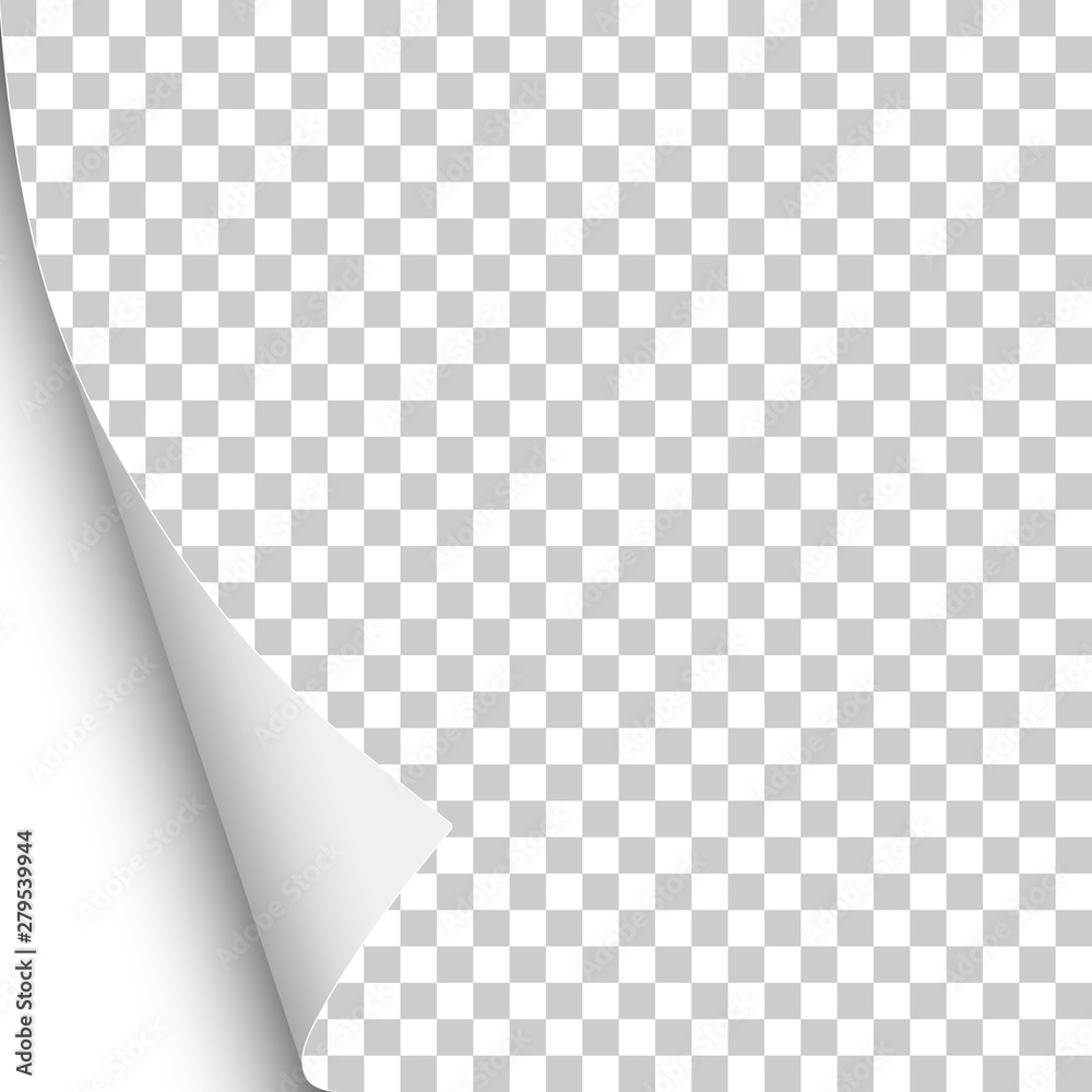 Sheet of transparent paper with curled lower left corner and white next ...