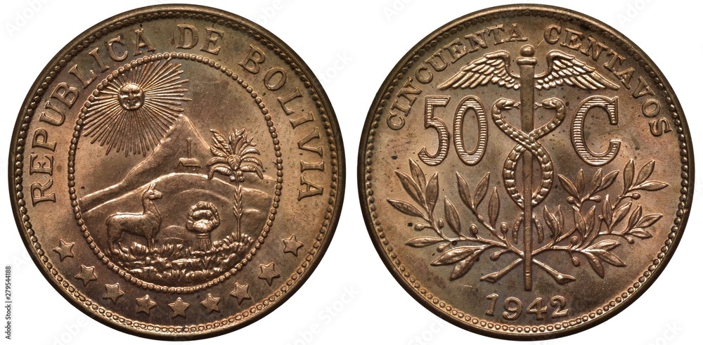 Foto de Bolivia Bolivian coin 50 fifty centavos 1942, radiant sun above ...