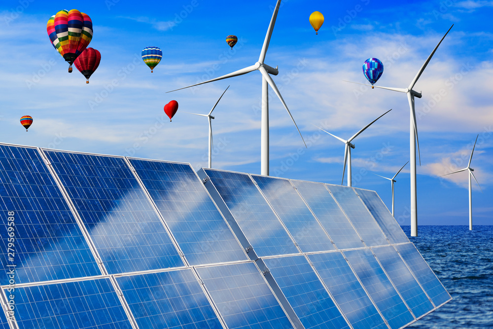 Solar energy panel photovoltaic cell and wind turbine farm power ...