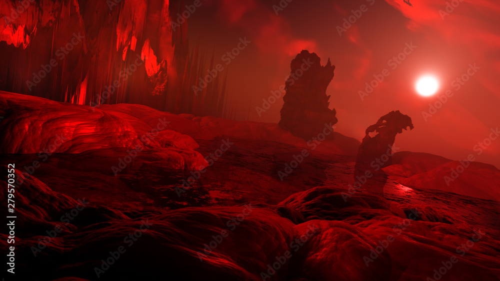 rendering of dark and scary hell environment with spooky landscape and ...