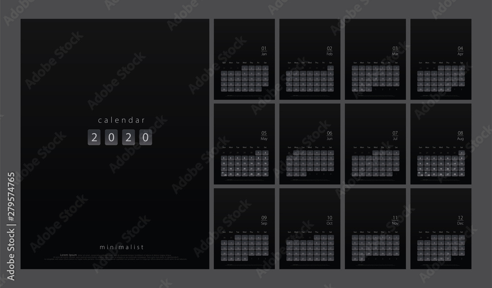 2020 calendar minimal table planner simple style. Week Starts Sunday ...