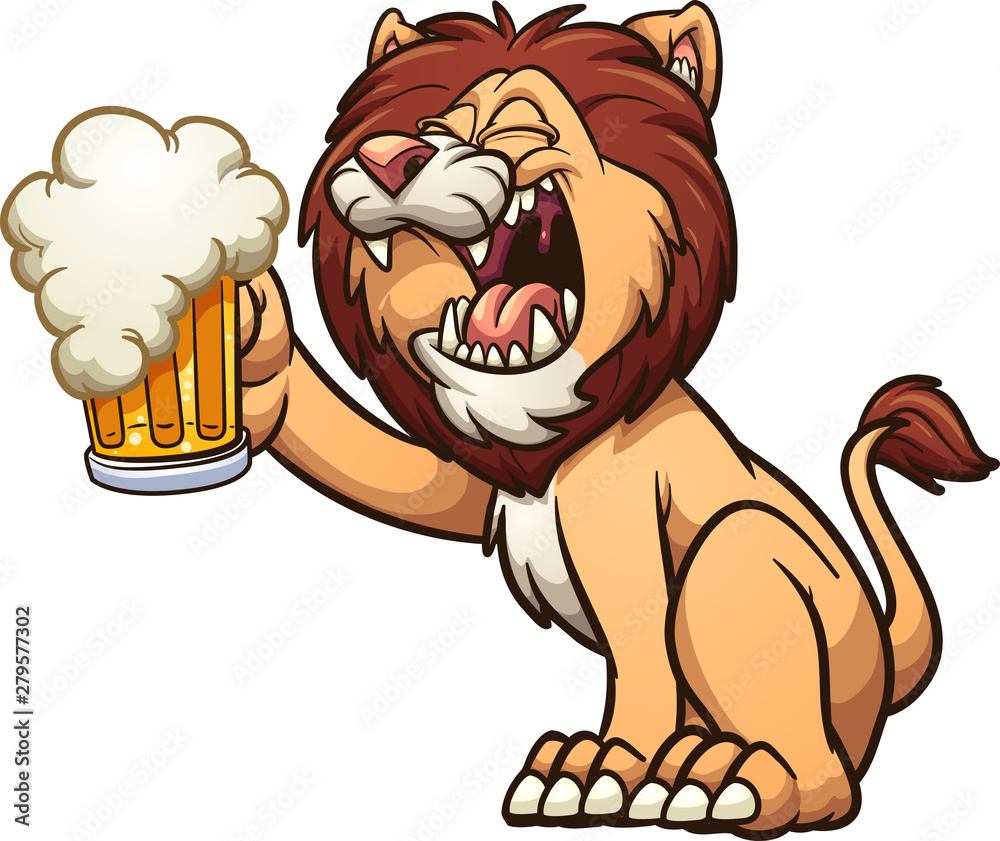 Happy cartoon lion holding up a beer clip art. Vector illustration with ...