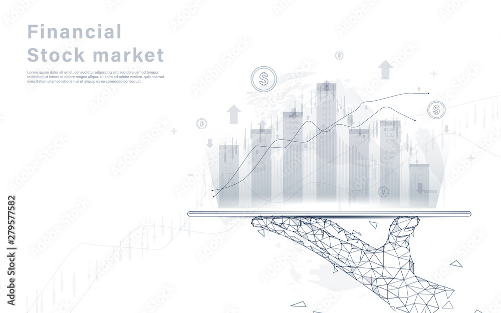 Stock exchange market graph analysis background. Hand holding tablet on ...